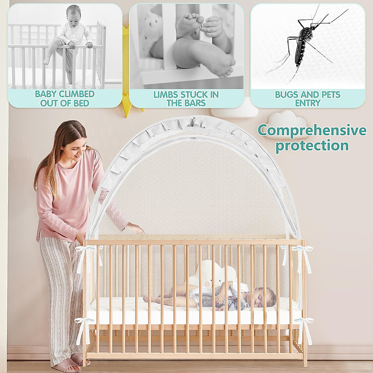 Crib Tent - Crib Net to Keep Baby in, Stop Baby from Climbing Out of Crib, Pop Up Baby Crib Tent with Durable Breathable Net Double Zipper Strong Rods Installation Convenience