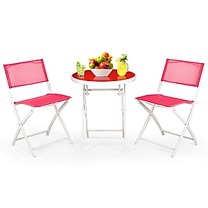 HAPPYGRILL 3 Pieces Patio Folding Bistro Set, Outdoor Foldable Chair & Table Set with Breathable Fabric, Tempered Glass Tabletop, Small Conversation Furniture Set for Porch Balcony Poolside Yard