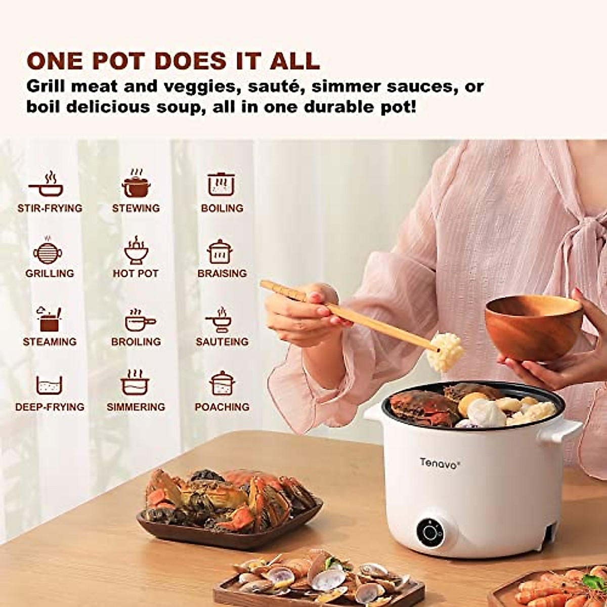 Tenavo Electric Hot Pot with Handle, 1.5L Mini Electric Cooker for Stir Fry, Noodles, Pasta, Nonstick Frying Pan for Sauté, Dual Power Control Ramen Cooker for Dorm and Office