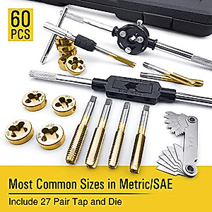 Azuno 60PCS Metric&SAE Tap and Die Set, Titanium Coated GCr15 Bearing Steel with T-Handle/Wrench/Gauge/Screwdriver in Storage Case, Master Threading Toolkit