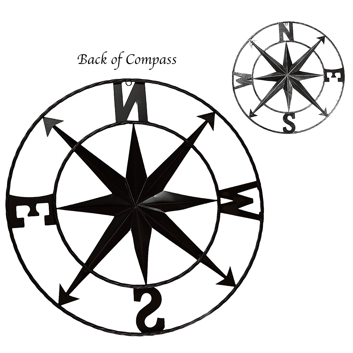 Urbalabs 24 Distressed Metal Wall Art Compass Home Nautical Decor Metal Art Decoration Bedroom Living Room Garden Office Wall Hanging Beach Decor Compass Rose Silver and Black (24)