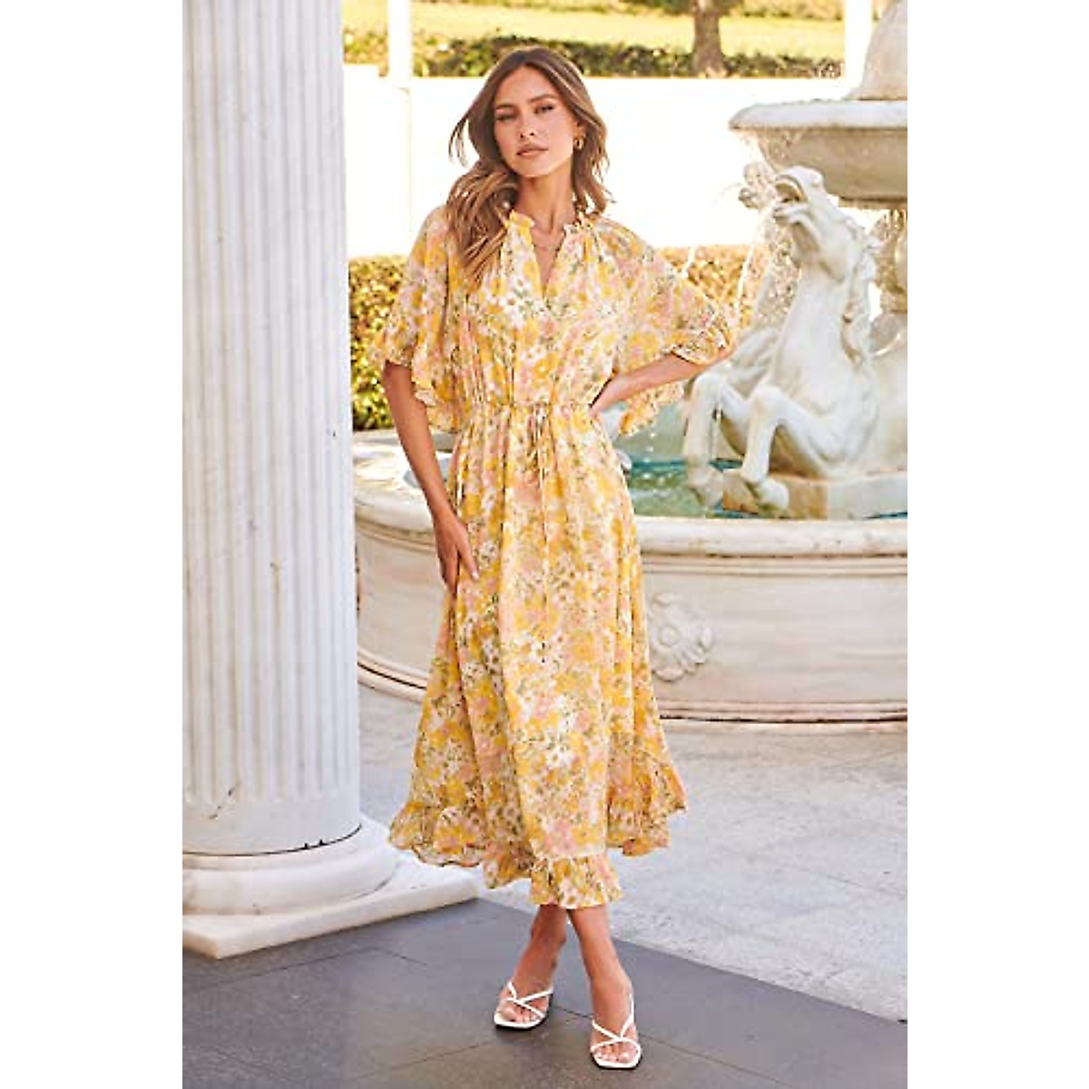 ANRABESS Women's Summer Ruffle Maxi Dress Floral Print 3/4 Bell Sleeve V Neck High Waist Flowy Boho Long Dress 746fenhuang-XL
