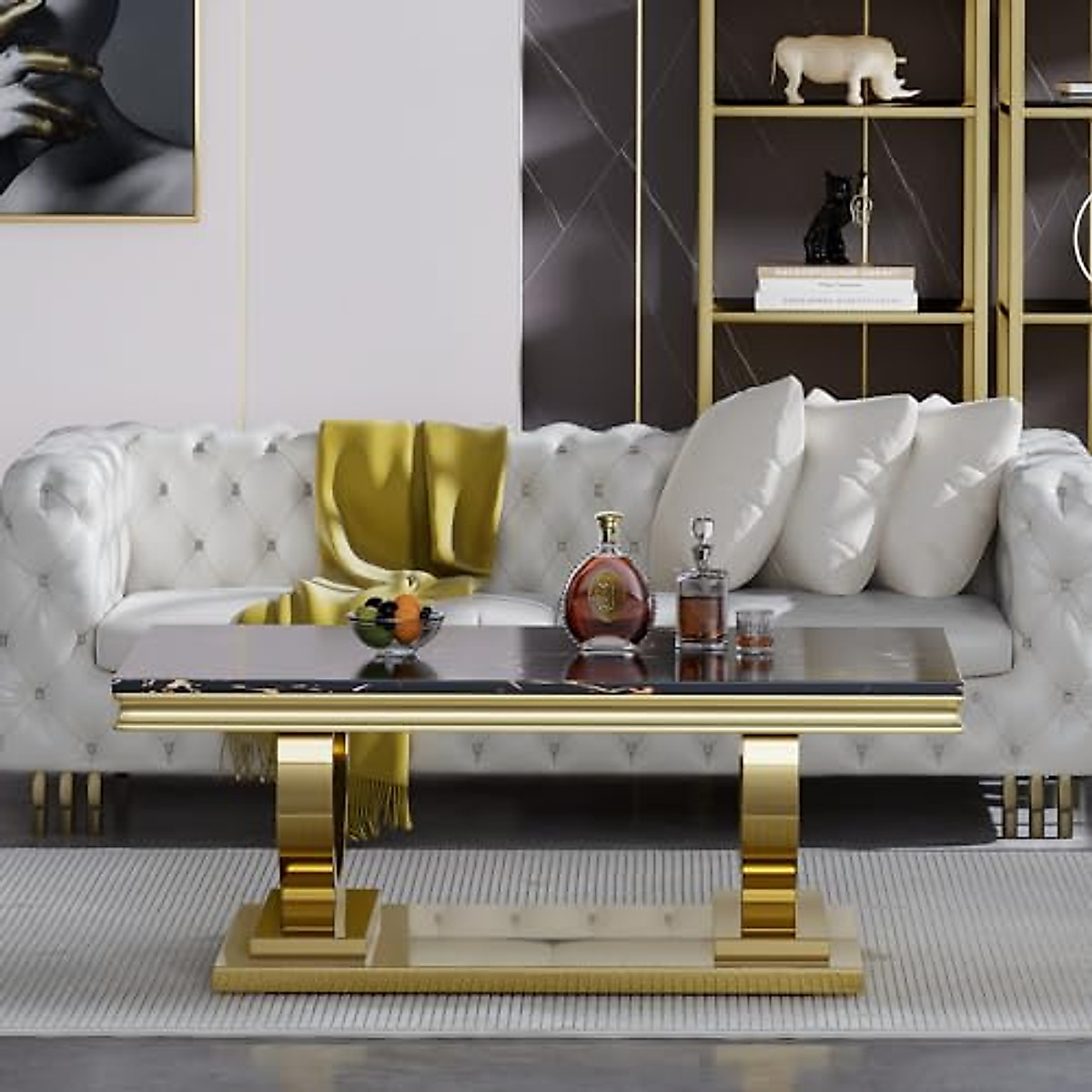 46.85" Modern Coffee Table with Black Marble Top, Rectangular Faux Marble Coffee Table with Gold Stainless Steel Pedestal Base, Luxury Cocktail Center Table for Living Room