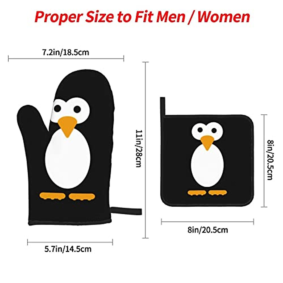 Cute Penguin Oven Mitts and Potholders BBQ Gloves Waterproof and Durable for Cooking Baking Grilling 4-Piece Set