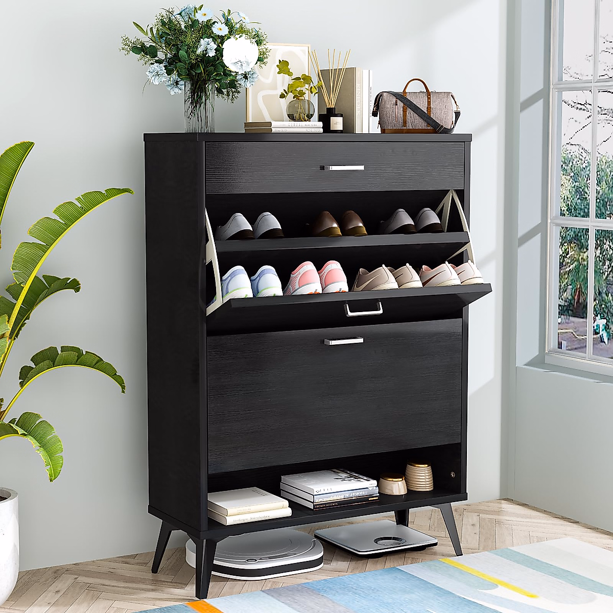 Lamerge Shoe Storage Cabinet for Entryway, Free Standing Shoe Organizer with 2 Flip Drawers，Hidden Shoe Rack Storage Organizer for Doorway Hallway, Black