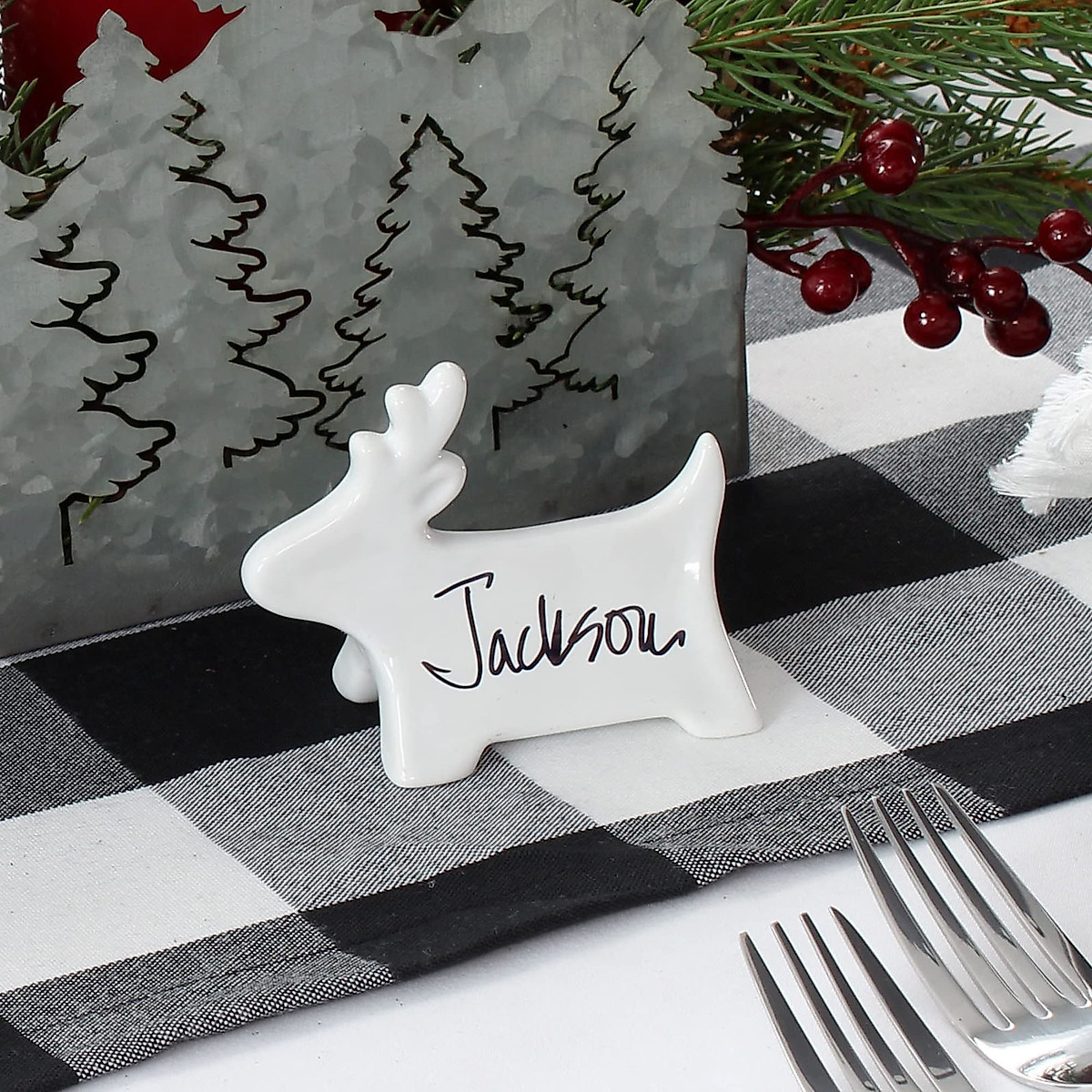 AuldHome Design Reindeer Place Card Holders (12-Pack), Ceramic Reusable Write-On Wipe-Off Christmas Place Card Stands for Table