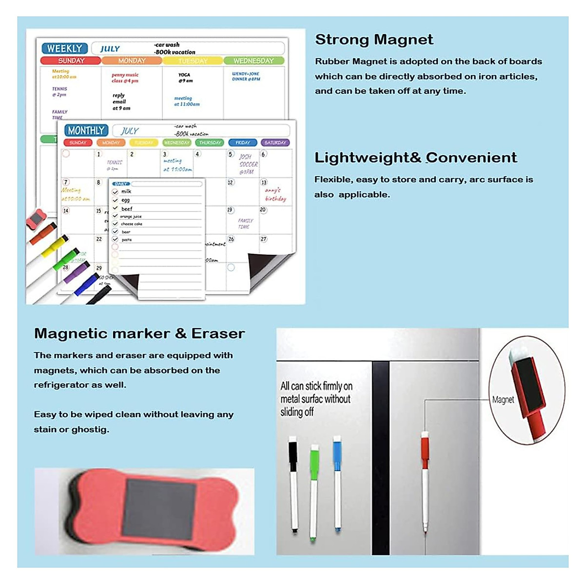 Magnetic Dry Erase Calendar Bundle for Fridge: 3 Boards Included - Monthly, Weekly, Daily Calendar Whiteboard 17x12" - 6 Fine Tip Markers and Large Eraser with Magnets, Refrigerator White Board Wall