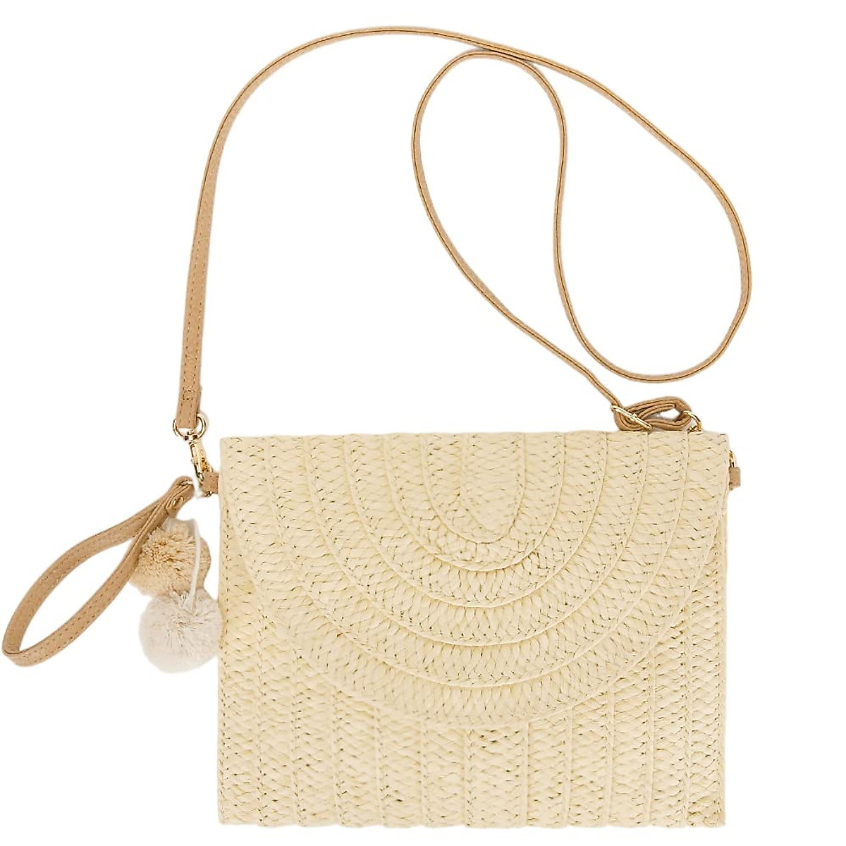 Straw Shoulder Bag Straw Clutch Straw Crossbody Bag Handmade Straw Beach Bag for Women Envelope Purse Wallet with Hand-woven Pompom (Creamy White)