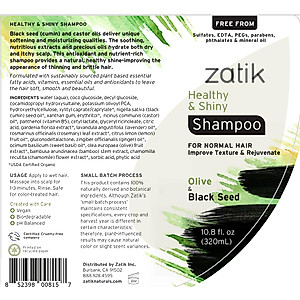 Zatik Naturals - Healthy & Shiny Shampoo and Conditioner set, with Olive and Black Seed, Voluminizing and Safe for Color Treated Hair - one of each 10.80 fl oz.