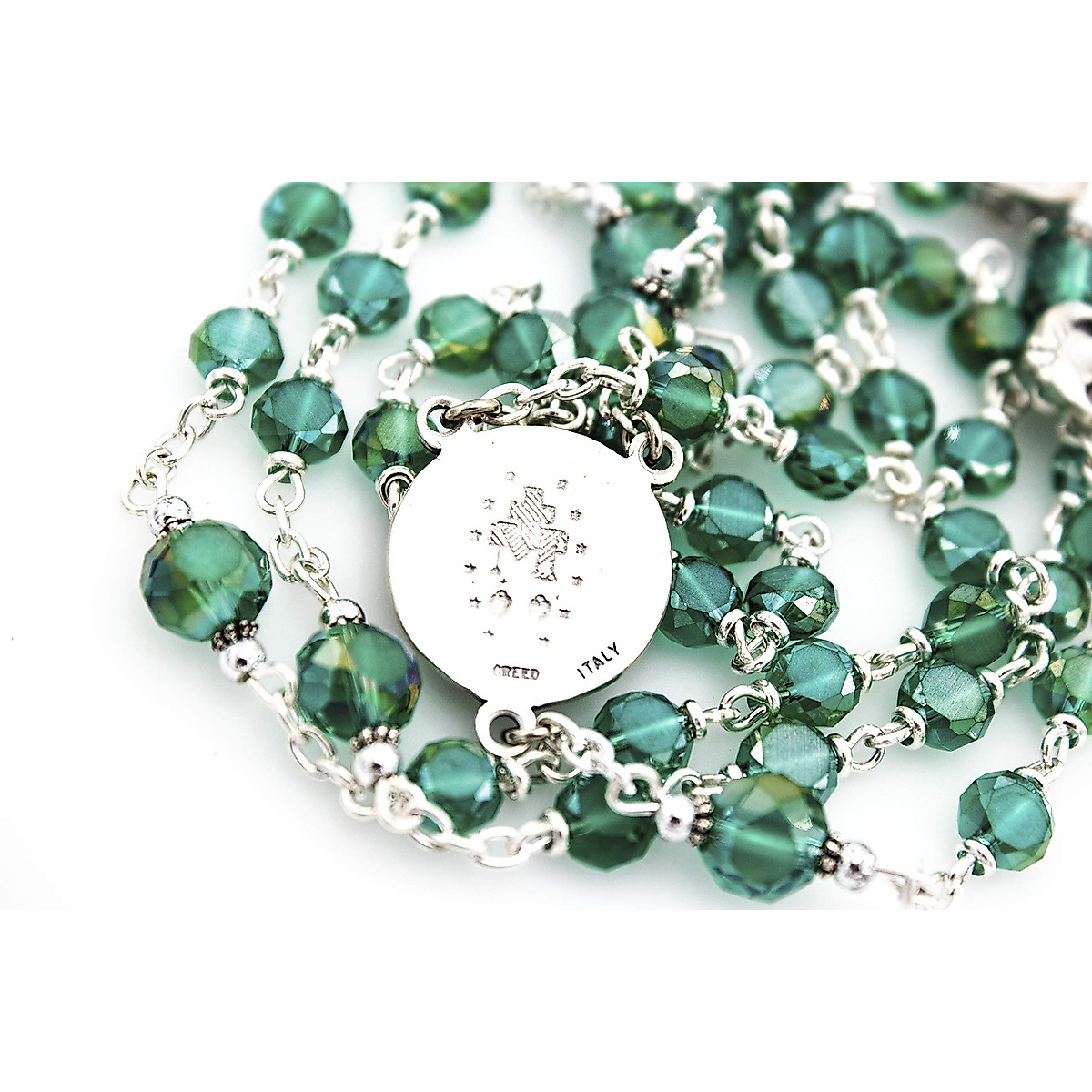 Religuious Italian Silver Rosary with 6mm Emerald Green Austrian Crystal beads and miraculous medal dangle