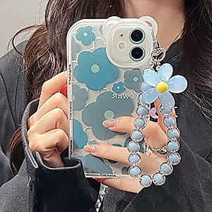 NITITOP Compatible for iPhone 11 Case Clear Floral Bear Camera Lens Case with Lovely Flower Bracelet Chain for Women Girls, Soft TPU Shockproof Protective -Blue