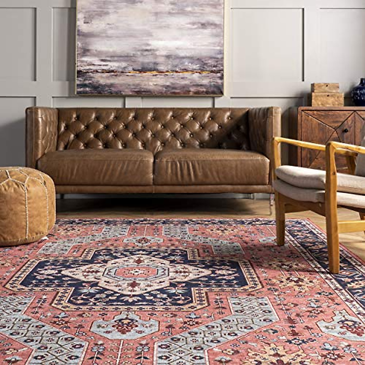 nuLOOM Amber Machine Washable Floral Aztec Area Rug, 4' x 6', Rust