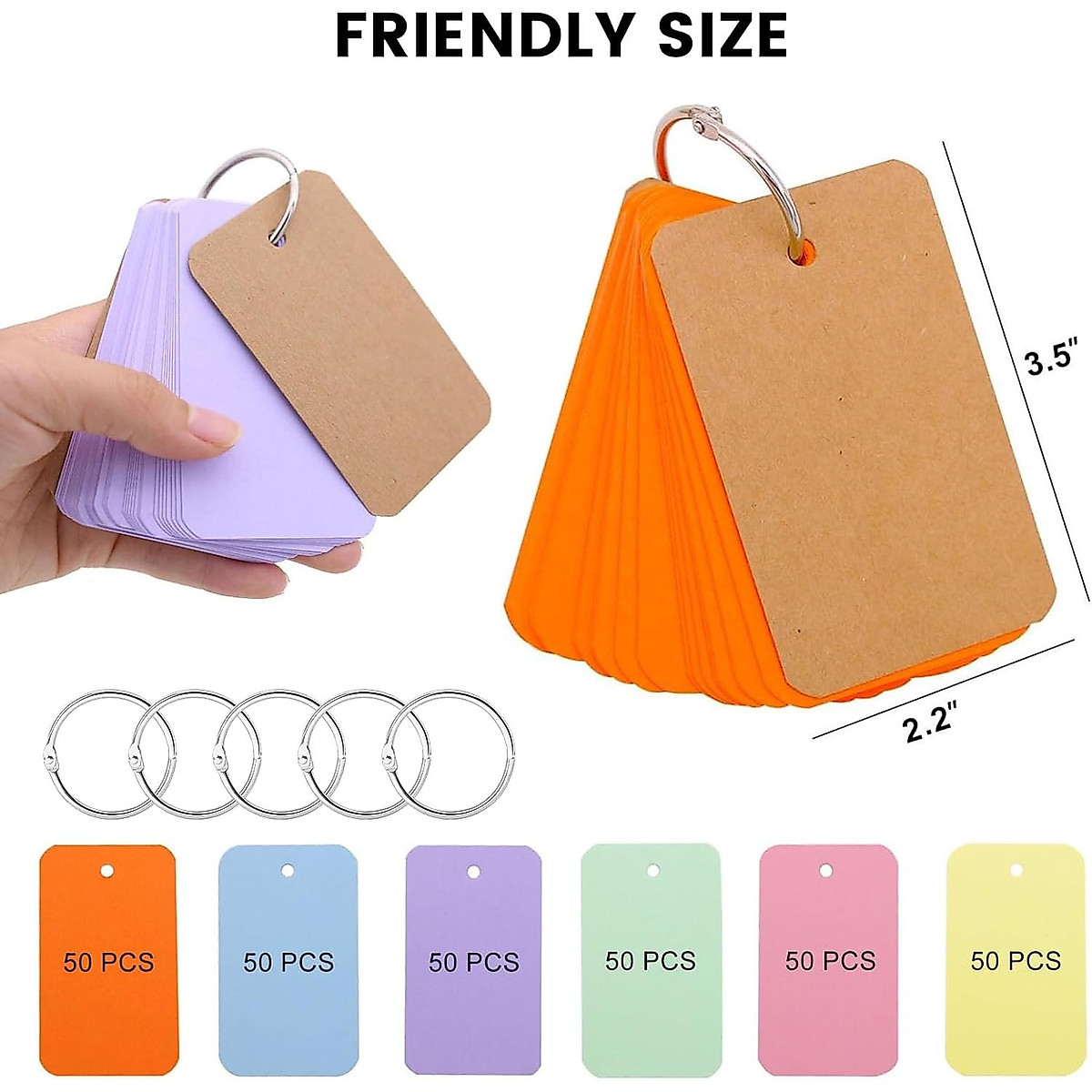 Koogel 300 Pieces 2.2 x 3.5 Inches Multicolor Kraft Paper Binder Ring Easy Flip Flash Card Study Cards/Memo Scratch Pads/Bookmark/DIY Greeting Card/Index Card Stock/Note Card(50 Sheets per Set)