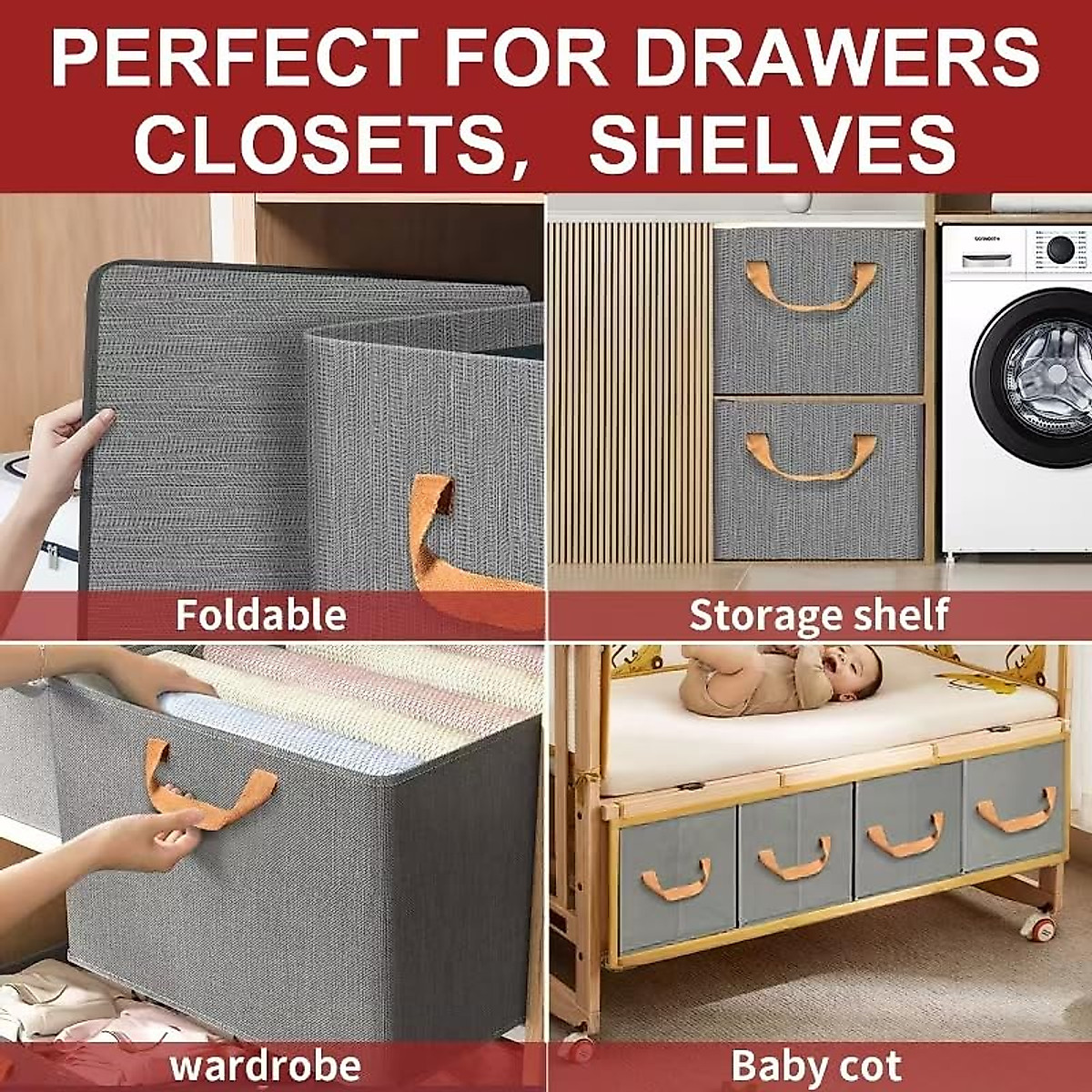 organizer box metal frame storage bins, rectangle storage baskets for closet.collapsible fabric storage baskets with handles.Stackable wardrobe storage boxes for clothes toys,grey-3 Pcs