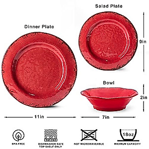 LEHAHA Farmhouse Plates and bowls set 12 Piece Melamine Dinnerware Sets for 4 People Lightweight and Unbreakable Dish Set Perfect for Indoor Outdoor Dining Party and Picnic Red