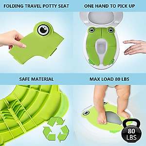 Folding Travel Potty Seat Portable Non Slip Silicone Pads Toilet Potty Training Seat Cover with Carry Bag for Babies Toddlers Kids (Frog)