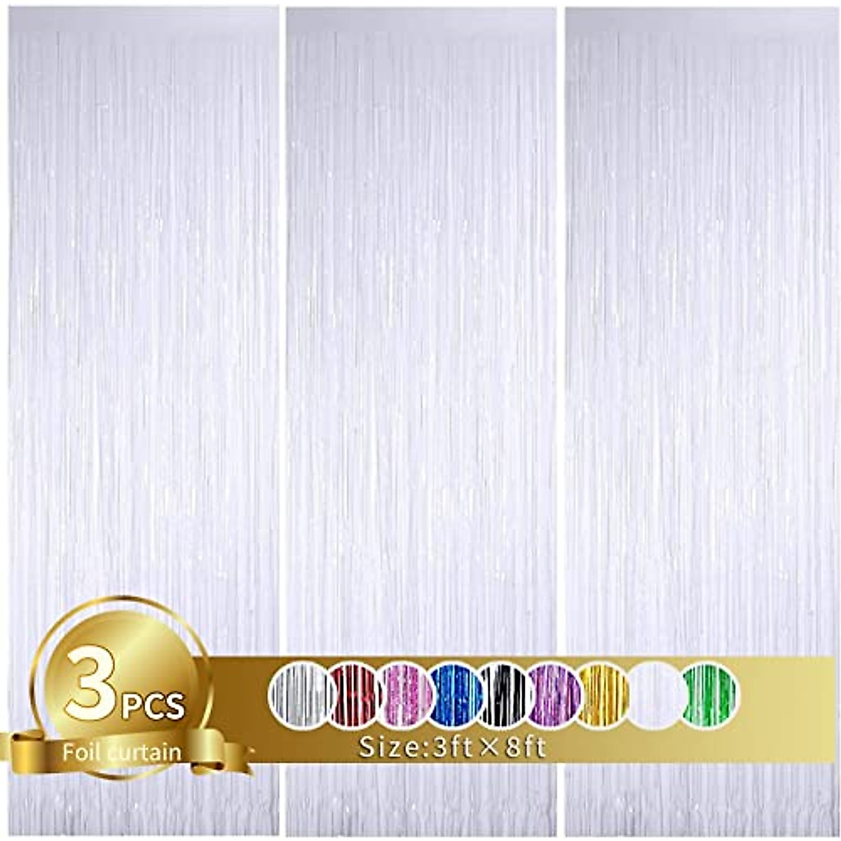 3Pcs White Metallic Tinsel Foil Fringe Curtains,3.2ft*8ft Gold Photo Booth Backdrop Streamer,Photo Booth Props,for Party Door Wall Curtains Bachelorette Birthday, Christmas,New Year Decorations