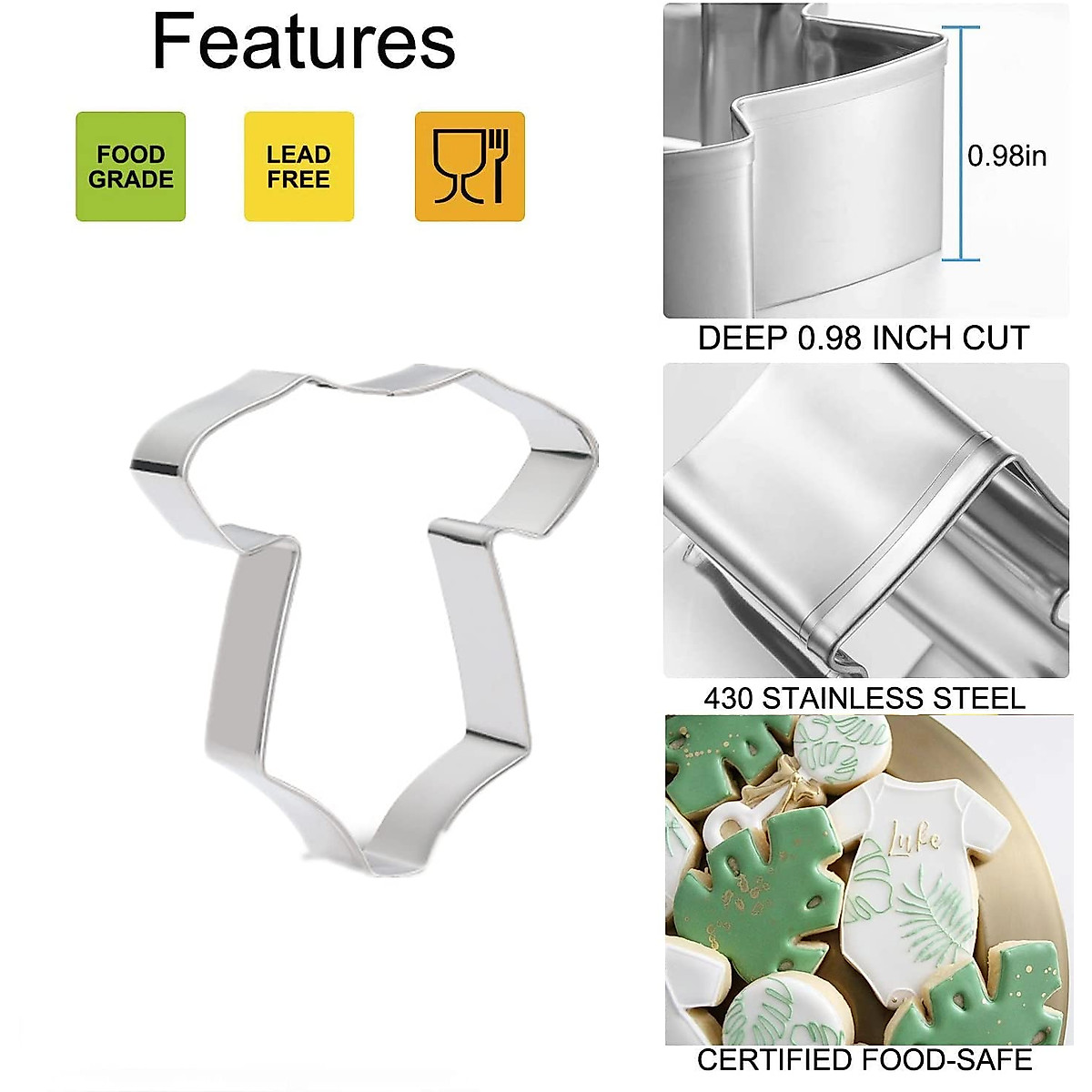 5 Pieces Baby Shower Cookie Cutters,Cute Shapes of Onesie, Bib, Plaque/Frame,Baby Bottle, Baby Carriage for Baby Showers, Reveal Parties with Receipe Book