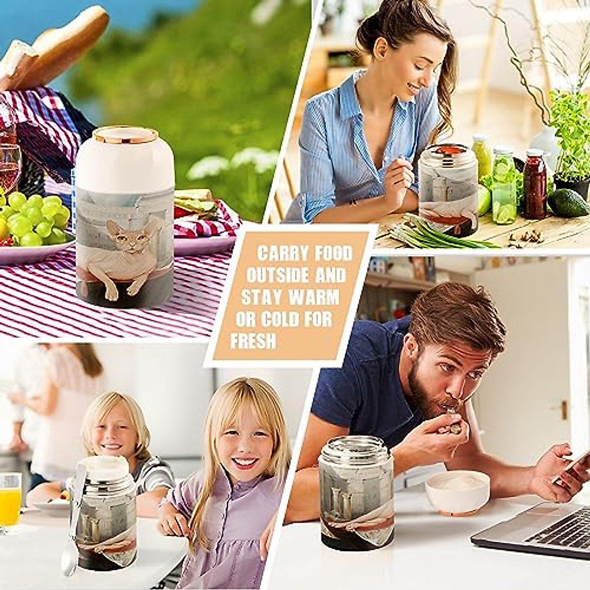 CUPADA Sphynx Kitten Cute Food Jar, Oil Painting Funny Insulated Hot Food Jars Vacuum 17OZ with Folding Spoon for Work Trip Picnic Camping