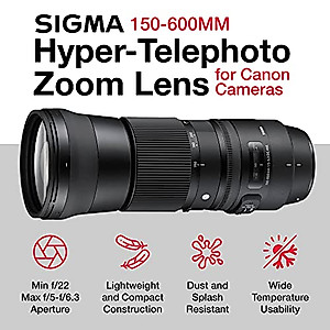 Sigma 150-600mm Canon Zoom Telephoto Lens F/5-6.3 DG OS HSM Bundle with Sigma Lens for Canon, Front and Rear Caps, Lens Hood, Lens Case, 2X 64GB SanDisk Memory Cards (7 Items) - Sigma 150 600 Lens