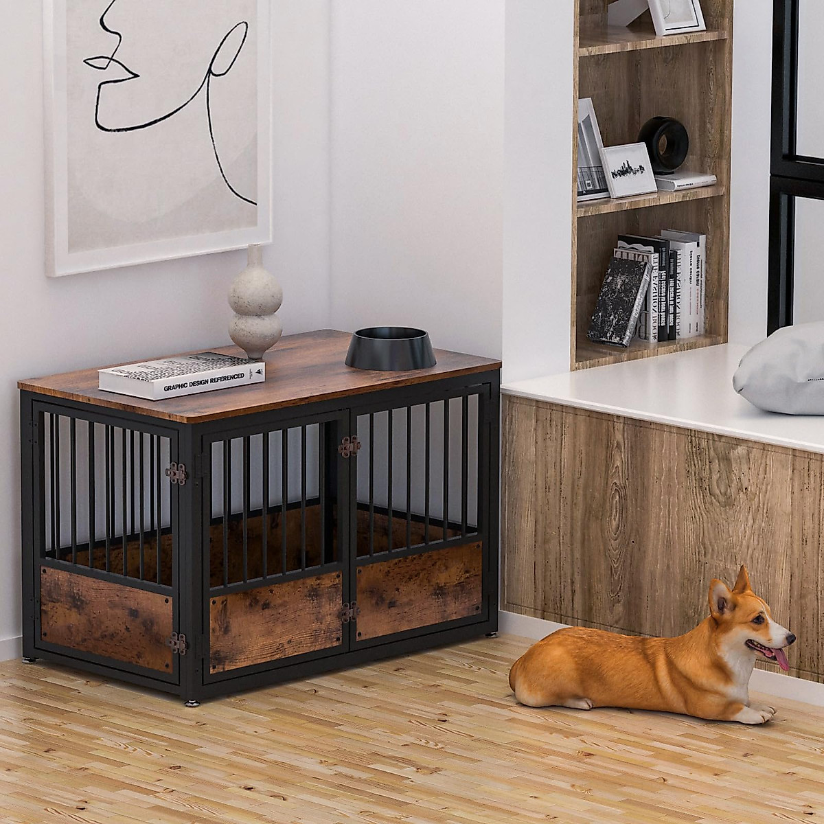 Snimoy Heavy Duty Dog Crate Furniture, Large Pet Cage End Table Wooden Dog Kennel with 3 Doors, Decorative Tall Metal Dog Crate House Indoor with Sturdy Locks for Medium Large Dog