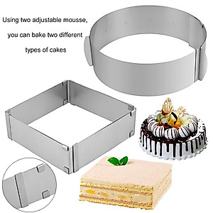MOTZU 2 Pieces Cake Mold, Stainless Steel Mousse Cake Rings, Adjustable Mould, Cake Baking Cake Decor Mold Ring, Cake Collar, Chocolate and Cake Decorating Roll(Square + Round), 6-12 Inch