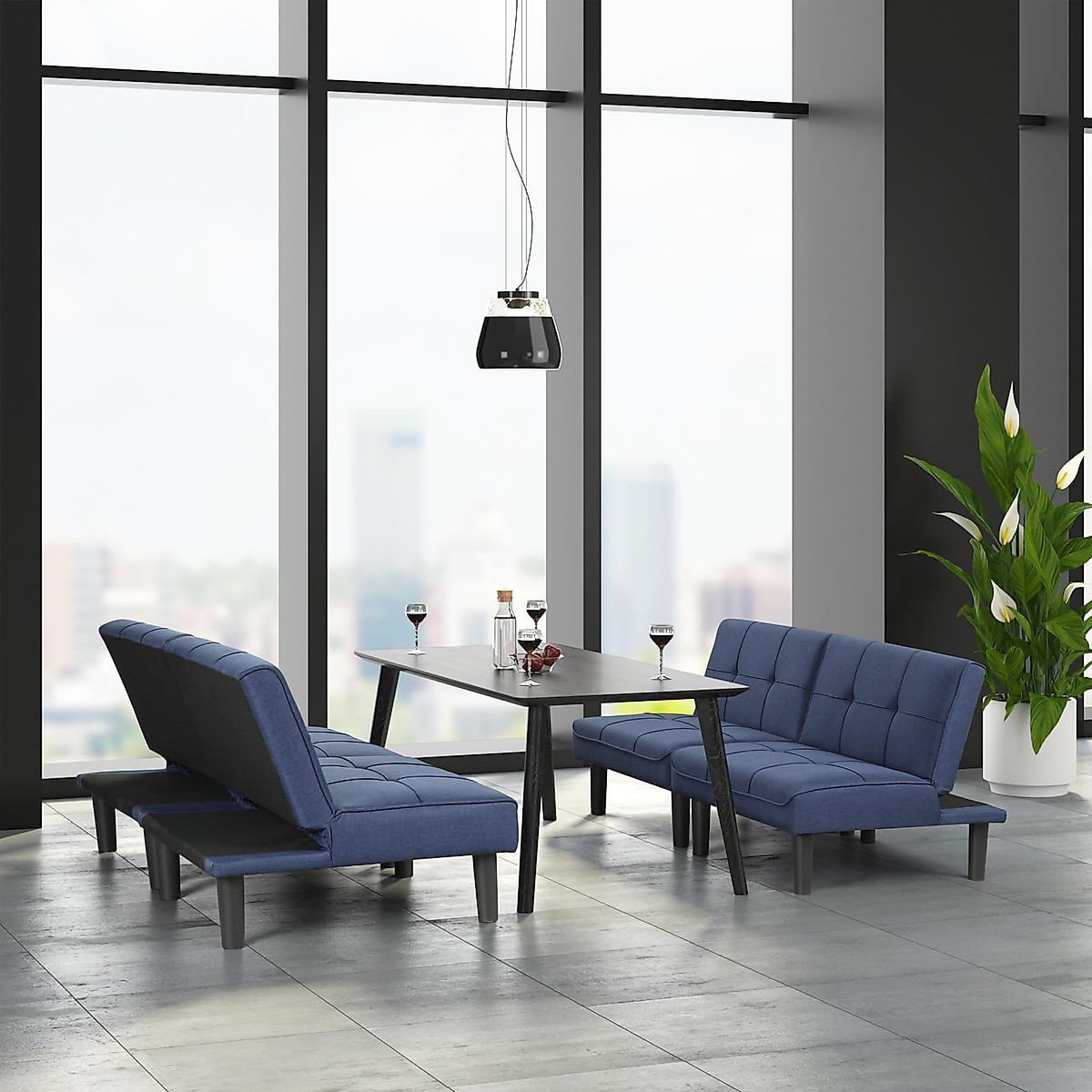 KAIRUITUCH 3-in-1 Convertible Futon Sofa Bed Twin, Loveseat Futon Couch Daybed with Folding Adjustable Backless, 2 Piece Small Futon Couch Chairs for Living Room, Apartment, Blue Fabric 306BL1-2PCS