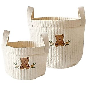 GoBabyMart 2-Piece Set Decorative Bear Storage Diaper Caddy with Handle for Baby Nursery Basket Toy Storage Bins Laundry Basket for Towels Blanket Socks, Baby Shower Organizer Basket (Single Bear)