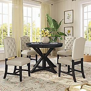 WOZNLA 5-Piece Extendale Round Dining Table Set for 4, Retro Style Wooden Kitchen Table Set with 4 Upholstered Chairs, Espresso