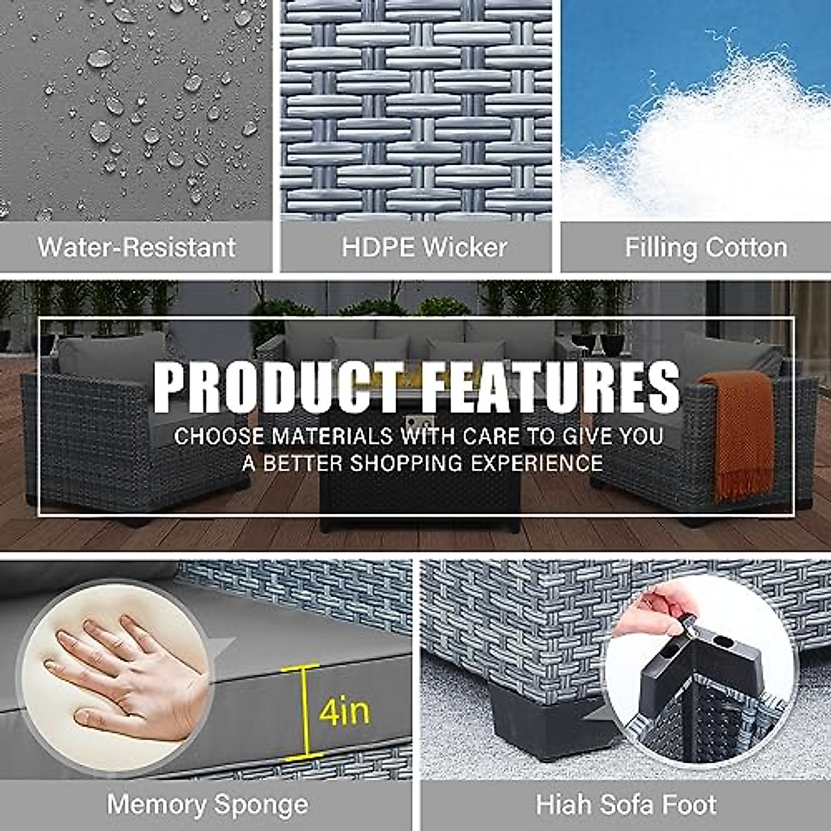 Outdoor Furniture Sets Patio Couch Outdoor Chairs 60000 BTU Propane Fire Pit 4 Pcs Patio Furniture Set 45In Fire Pit Table with No-Slip Cushions and Waterproof Covers, Grey