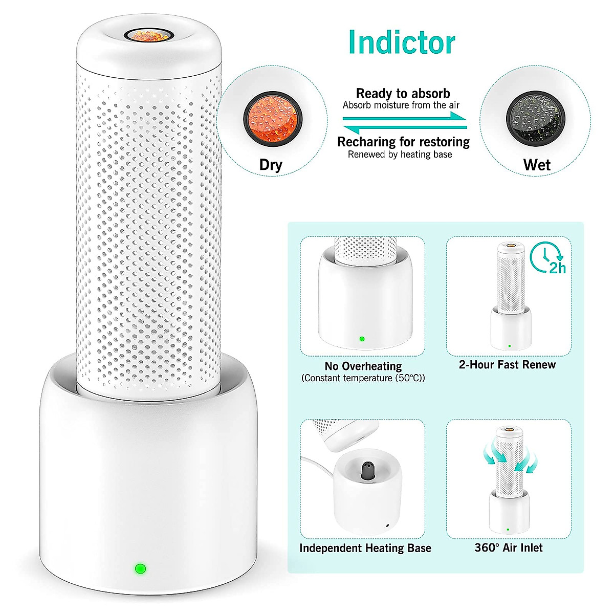 Dehumidifier Gun Closet Moisture Absorber - Reusable Room Damp Rid Desiccant Safe Rechargeable Remove Humidity Bathroom Dry Cordless Silica (White)