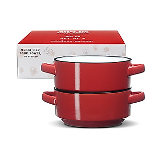 ECODECO Baking Serving Ceramic Red Soup Bowls with Handles - 16 Ounce - Set of 2 - Chowder Bisque Pot Pie Crocks