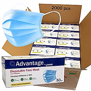 Lanswe Advantage Disposable Masks (2,000 pack) 3-Ply Disposable Face Masks with Elastic Earloops - Volume Pricing