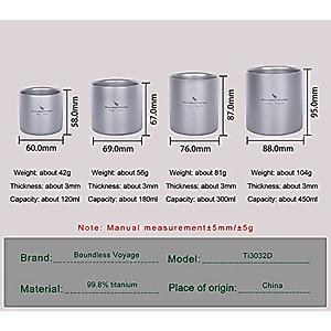 Boundless Voyage (120ML+180ML+300ML+450ML 4 in 1 Titanium Cup Double Walled Mug Lightweight Anti-scalding Drinkwear for Water Tea Wine Beer Fruit Juice Ti3032D