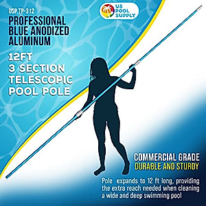 U.S. Pool Supply Professional 12 Foot Blue Anodized Aluminum Telescopic Swimming Pool Pole, Adjustable 3 Piece Expandable Step-Up - Attach Connect Skimmer Nets, Rakes, Brushes, Vacuum Heads with Hoses