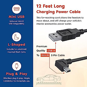 ROVE Ultimate 12ft Mini USB Car Charging Power Cable for R2-4K Dash Cam | with Mini-USB Port Only | Check Compatibility Image Before Purchasing