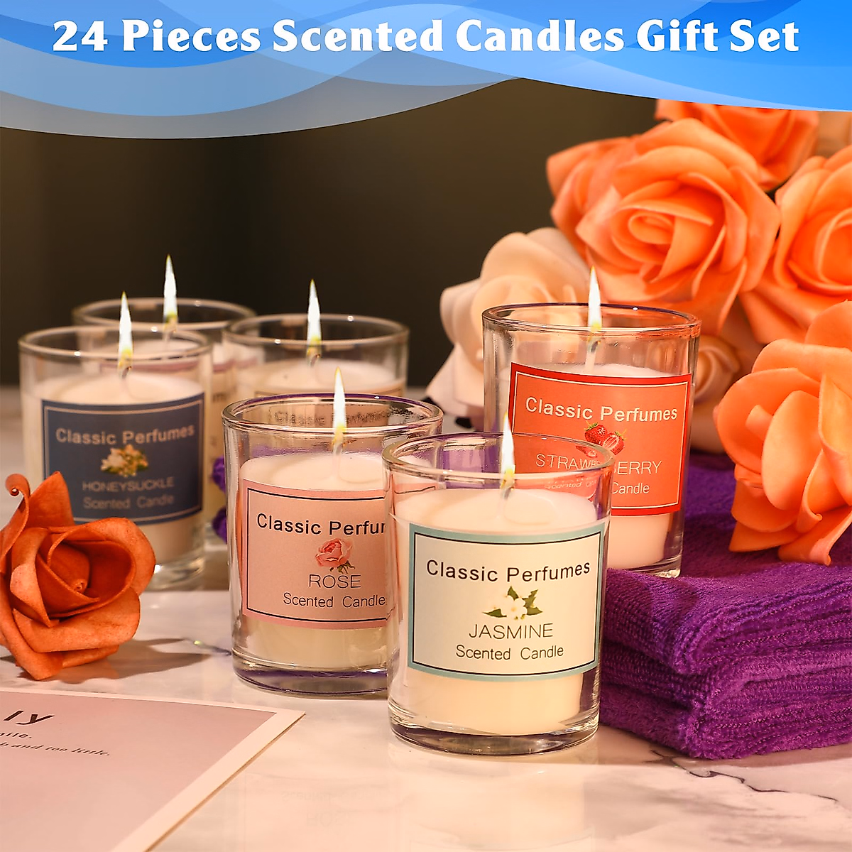 MTLEE 24 Pieces Candles for Home Scented Candles Gift Set for Women Bulk 6 Fragrances 1.8 oz Long Lasting Aromatherapy Jar Candles for Teacher Birthday Thanksgiving Anniversary Christmas