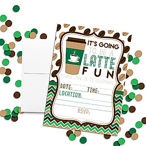 Latte Fun Green and Brown Coffee Birthday Party Invitations, 20 5x7 Fill In Cards with Twenty White Envelopes by AmandaCreation