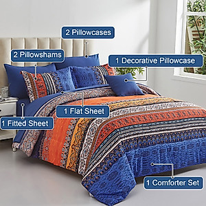 Boho Comforter Set Queen Size 8 Piece Bed in a Bag Burnt Orange Paisley Fall Comforter and Sheet Set Bohemian Striped Bedding Set,Soft Microfiber Complete Bedding Set
