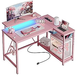 Bestier Gaming Desk with Power Outlets,42 LED Small Corner Computer Desk with Reversible Storage Shelves,L Shaped Desk with Hooks Workstation Desk for Office and Bedroom,Pink Carbon Fiber