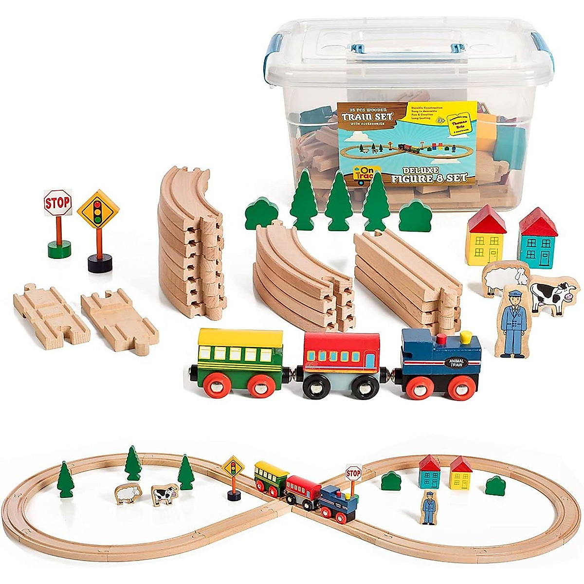 On Track USA Wooden Train Set 35 Piece All in One Wooden Toy Train Tracks Set with Magnetic Trains and Railway Accessories, Comes in A Clear Container, Compatible with All Major Brands