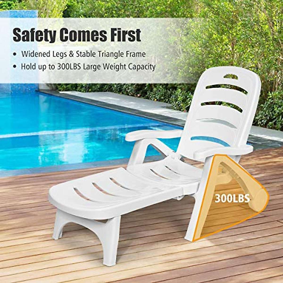 HAPPYGRILL Foldable Patio Lounger Chaise Chair with Wheels for Outdoor Patio Poolside