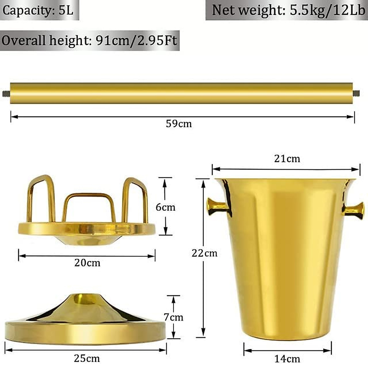 Ice Bucket with Stand Christmas Stainless Steel Standing Ice Bucket Ice Cube Container, Wine Bucket on Stand Gold Champagne Ice Bucket for Wine Beer KTV Club Bar Bbq Party Wedding, 12ib 5L (91cm,gold