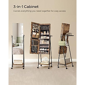 SONGMICS 6 LEDs Lockable Mirror Jewelry Cabinet,Organizer, Standing Jewelry Armoire with 4 Wheels, Mirror with Jewelry Storage, Coat Rack, Shelf, Rustic Brown and Black UJJC005X01
