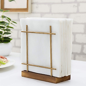 MyGift Contemporary Brass-Tone Wire Metal Upright Napkin Holder with Rustic Burnt Brown Wood Base, Decorative Kitchen Table Dining Napkin Holder