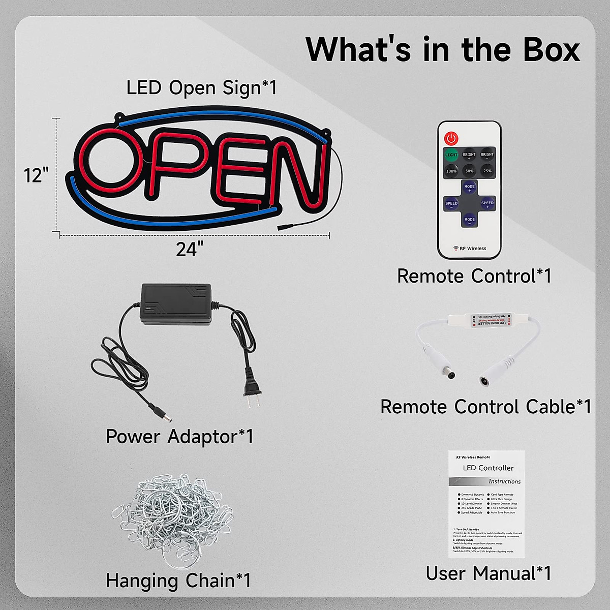 LED Neon Open Sign for Business, YHomU 24" x 12" Large LED Business Neon Open Sign, Remote Control Bright Light Sign with Dimmer & 8 Dynamic Effects, Business Open Sign for Cafes Stores