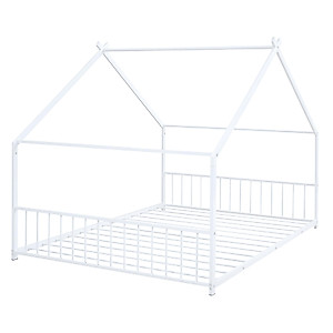 Kids Montessori Floor Bed Frame, Full Size House Bed Frame with Headband and Slats, Heavy Duty Metal Montessori Bed for Kids, Girls, Boys, White Floor Bed Full Size