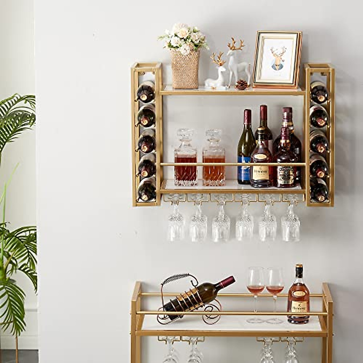 GOLASON Wall Mounted Wine Rack with Glass Holder, Metal Bottle Holder Wine Storage Display Shelf for Home Bar Dining Room Kitchen (31.5 Inch, Faux Marble)