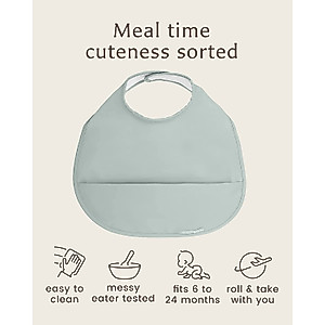 WILLOW + SIM Waterproof Baby Bibs for Baby boy - Better than Silicone & Plastic - Toddler Bibs with Food Catcher - Baby bibs for boys, Feeding bib for Babies and Infants - No Sleeve - Sage