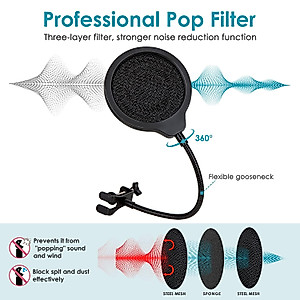 YOUSHARES Upgraded Quadcast Mic Stand with Pop Filter - Scissor Mic Boom Arm and 3 Layers Windscreen Compatible with HyperX Quadcast S Microphone to Improve Sound Quality